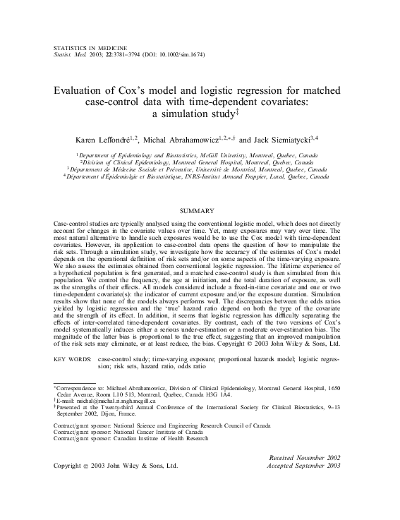 Pdf Evaluation Of Coxs Model And Logistic Regression For Matched Case Control Data With Time