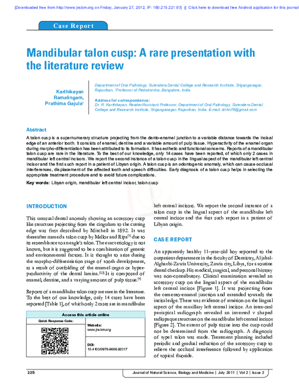 (PDF) Mandibular talon cusp: A rare presentation with the literature review