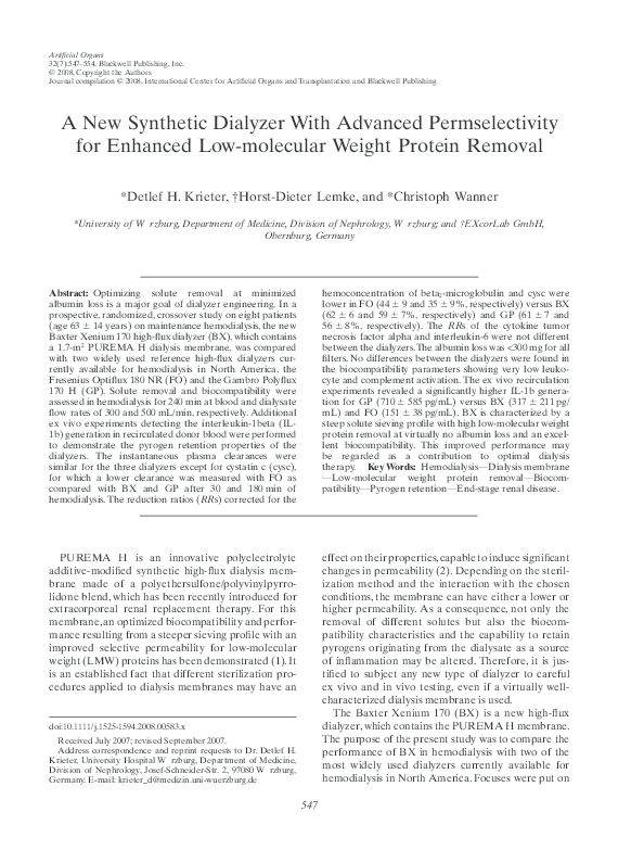 (PDF) A New Synthetic Dialyzer With Advanced Permselectivity for ...