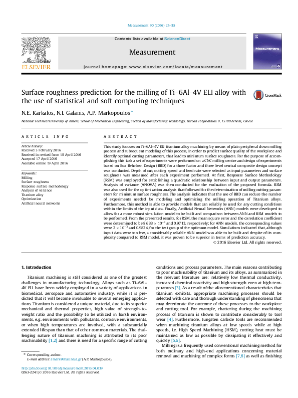 (PDF) Surface roughness prediction for the milling of Ti–6Al–4V ELI alloy with the use of ...