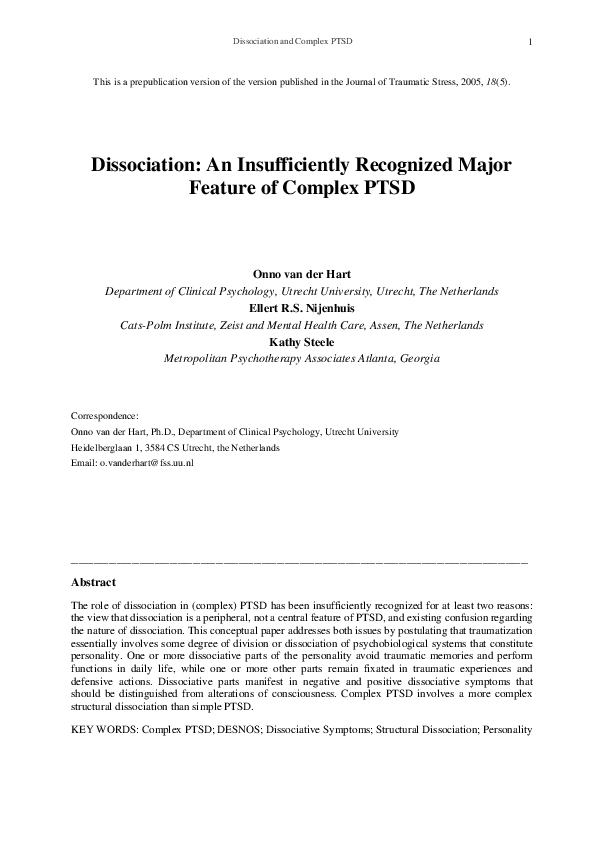 (PDF) Dissociation: An insufficiently recognized major feature of complex posttraumatic stress ...