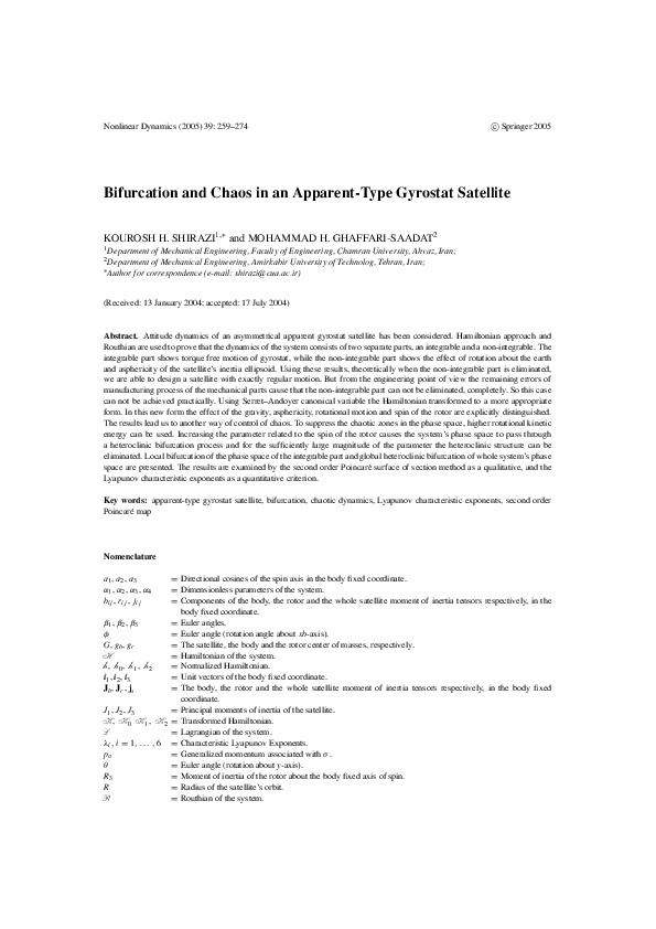 (PDF) Bifurcation and Chaos in an Apparent-Type Gyrostat Satellite