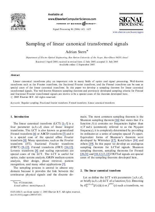 (PDF) Sampling of linear canonical transformed signals
