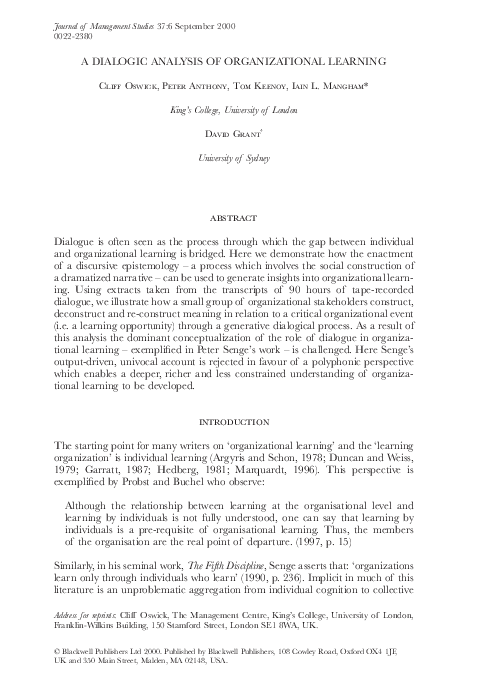 (PDF) A Dialogic Analysis of Organizational Learning