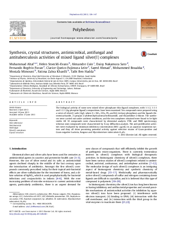 (PDF) Synthesis, crystal structures, antimicrobial, antifungal and antituberculosis activities ...