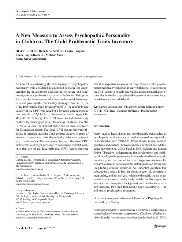 (PDF) A New Measure to Assess Psychopathic Personality in Children: The ...