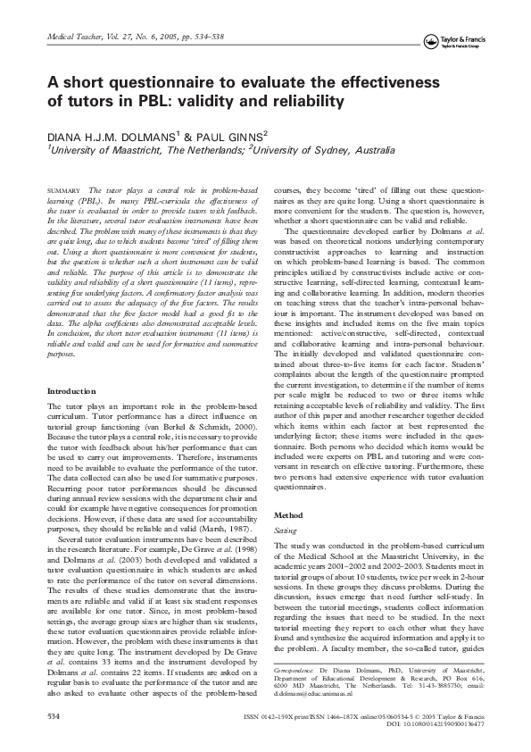 Pdf A Short Questionnaire To Evaluate The Effectiveness Of Tutors In Pbl Validity And Reliability