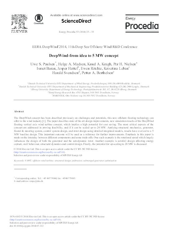 (PDF) DeepWind-from Idea to 5 MW Concept