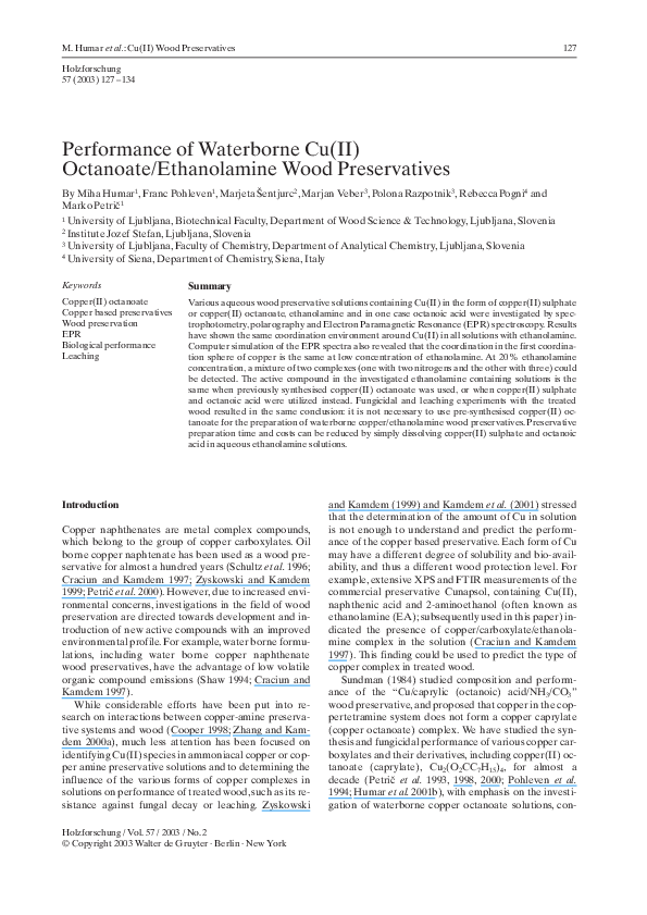 (PDF) Performance of Waterborne Cu(II) Octanoate/Ethanolamine Wood ...