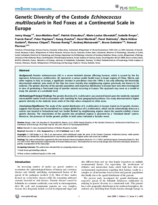 (PDF) Genetic Diversity of the Cestode Echinococcus multilocularis in Red Foxes at a Continental ...