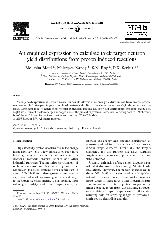 (PDF) An empirical expression to calculate thick target neutron yield distributions from proton ...