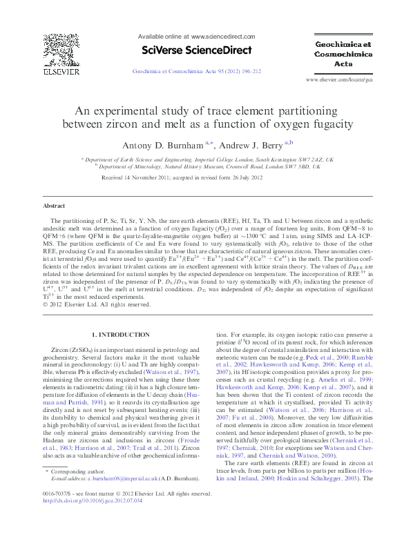 An experimental study of trace element partitioning between zircon and melt as a function of ...
