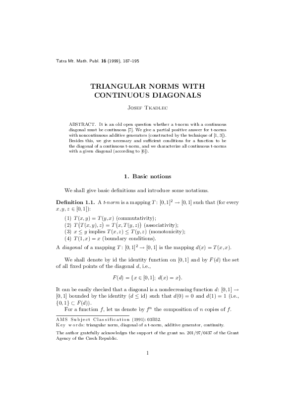 (PDF) Triangular norms with continuous diagonals
