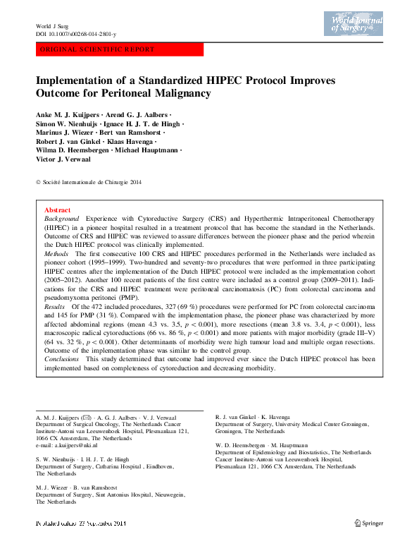 (PDF) Implementation of a standardized HIPEC protocol improves outcome ...