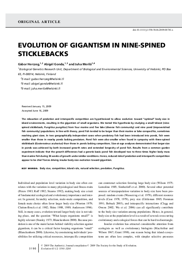 (PDF) EVOLUTION OF GIGANTISM IN NINE-SPINED STICKLEBACKS