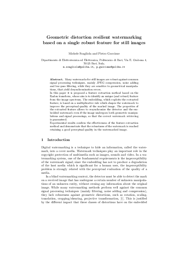 (PDF) Geometric Distortion Resilient Watermarking Based on a Single Robust Feature for Still Images