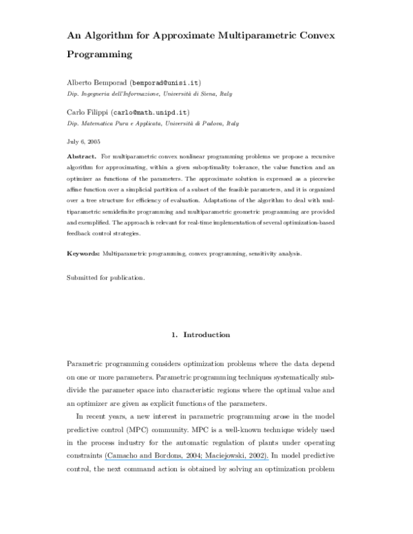 Pdf An Algorithm For Approximate Multiparametric Convex Programming