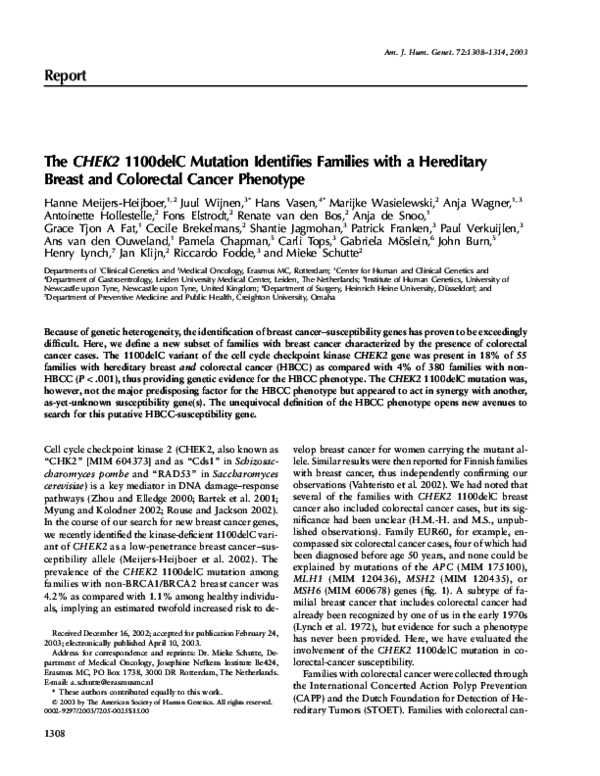 (PDF) The CHEK2 1100delC Mutation Identifies Families with a Hereditary Breast and Colorectal ...