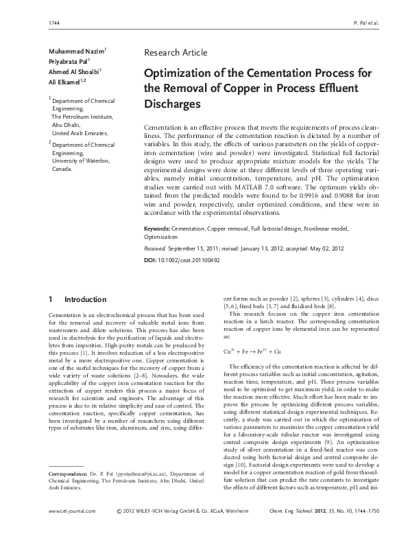 (PDF) Optimization of the Cementation Process for the Removal of Copper in Process Effluent ...