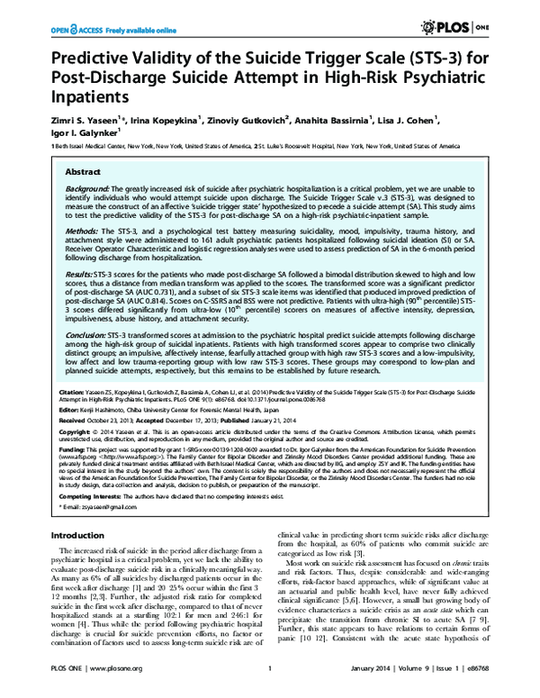 Pdf Predictive Validity Of The Suicide Trigger Scale Sts 3 For Post Discharge Suicide