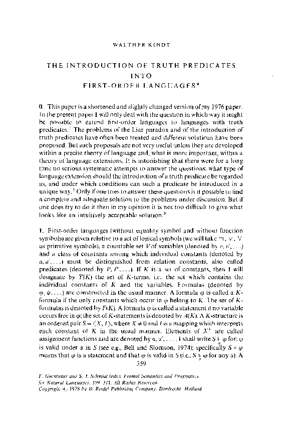 (PDF) The Introduction of Truth Predicates into First-Order Languages