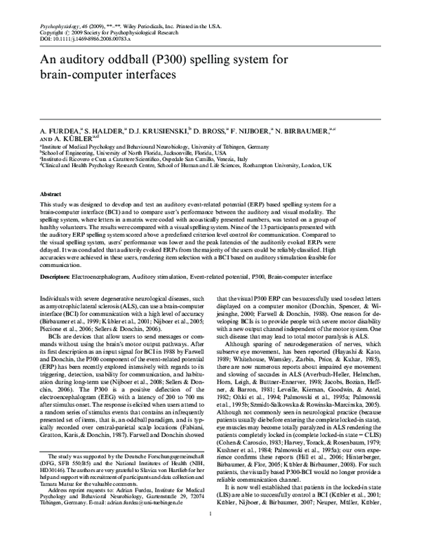 Pdf An Auditory Oddball P300 Spelling System For Brain Computer Interfaces Sebastian
