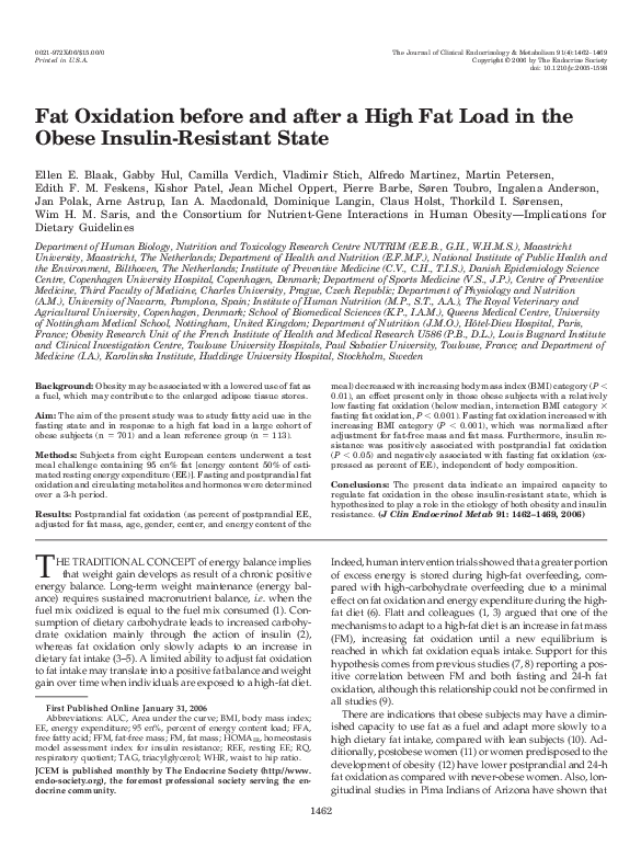 (PDF) Fat Oxidation before and after a High Fat Load in the Obese ...