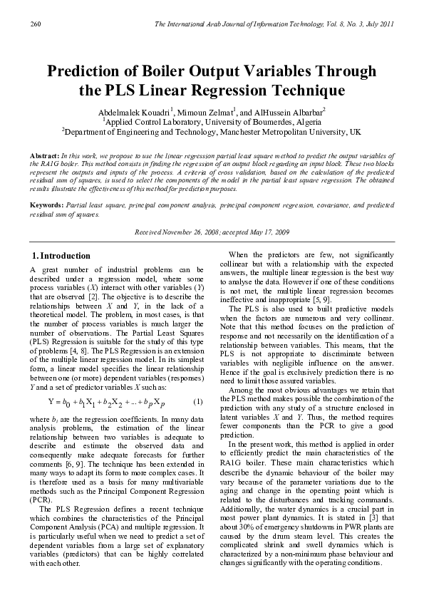 (PDF) Prediction of boiler output variables through the PLS linear regression technique