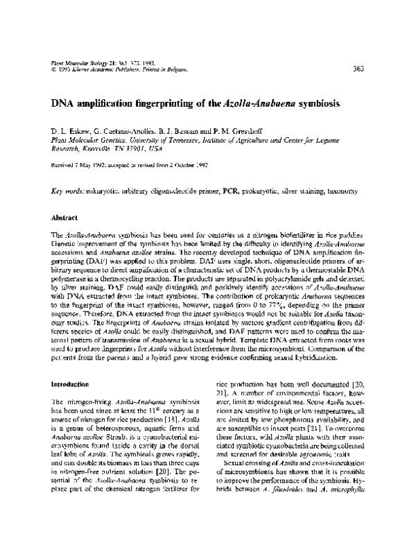 (PDF) DNA amplification fingerprinting of the Azolla-Anabaena symbiosis