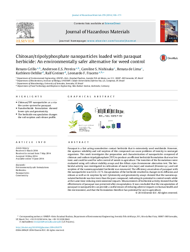 (PDF) Chitosan/tripolyphosphate nanoparticles loaded with paraquat herbicide: an environmentally ...