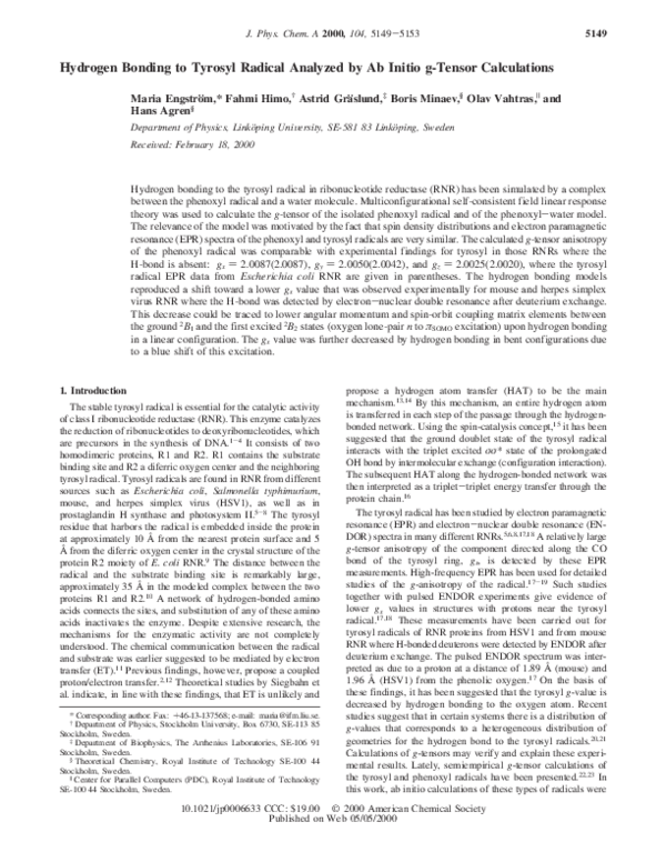 (PDF) Hydrogen Bonding to Tyrosyl Radical Analyzed by Ab Initio g ...