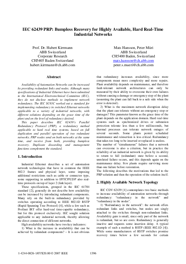 IEC 62439 PRP: Bumpless recovery for highly available, hard real-time ...