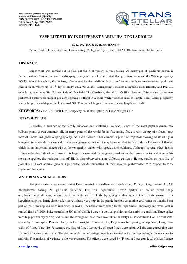 VASE LIFE STUDY IN DIFFERENT VARIETIES OF GLADIOLUS