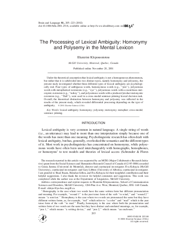 (PDF) The Processing of Lexical Ambiguity: Homonymy and Polysemy in the ...