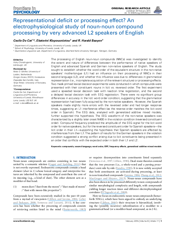 (PDF) Representational deficit or processing effect? An electrophysiological study of noun-noun ...