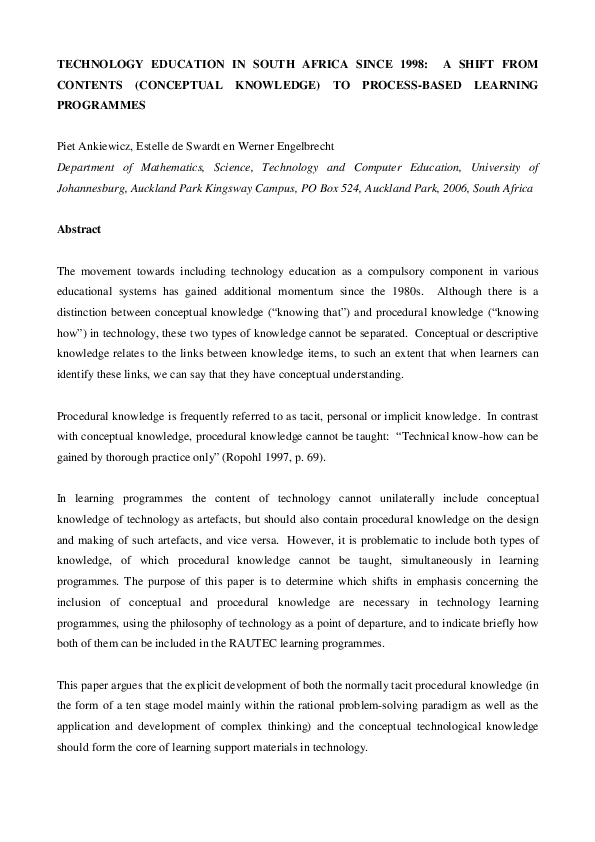 (PDF) TECHNOLOGY EDUCATION IN SOUTH AFRICA SINCE 1998: A SHIFT FROM ...