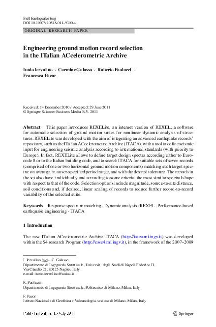 (PDF) Engineering ground motion record selection in the ITalian ACcelerometric Archive
