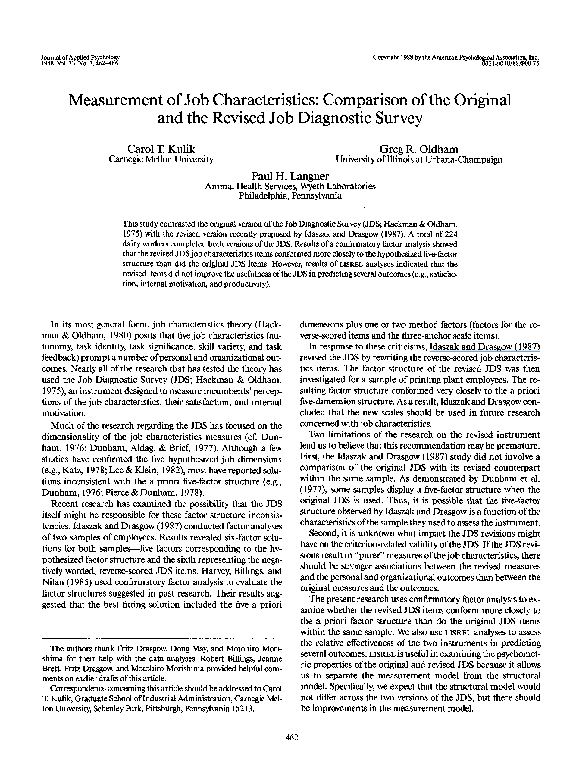 (PDF) Measurement of job characteristics: Comparison of the original ...