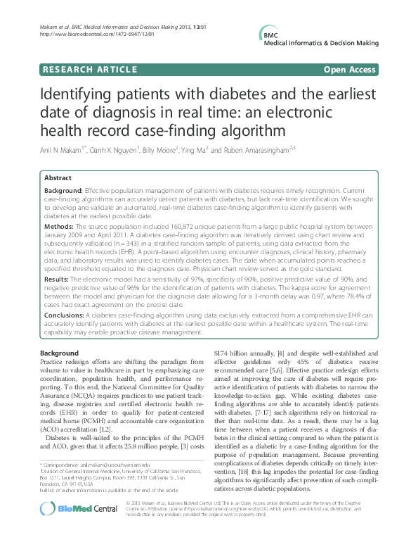 Pdf Identifying Patients With Diabetes And The Earliest Date Of Diagnosis In Real Time An