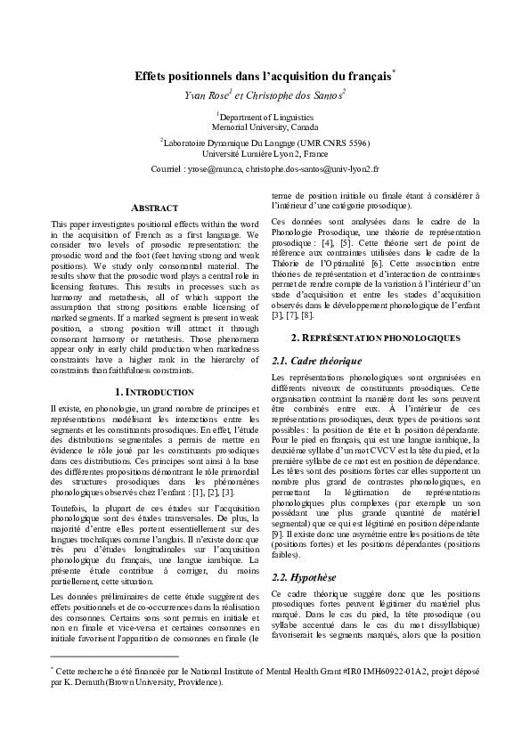 (PDF) Effets positionnels dans l'acquisition du français | Christophe ...