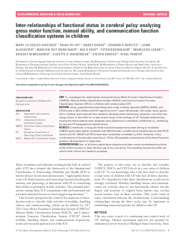 (PDF) Inter-relationships of functional status in cerebral palsy ...