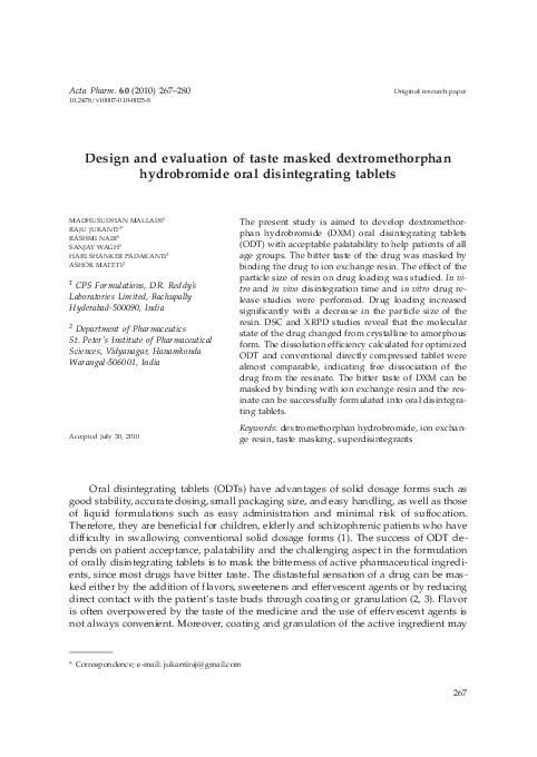 Pdf Design And Evaluation Of Taste Masked Dextromethorphan Hydrobromide Oral Disintegrating