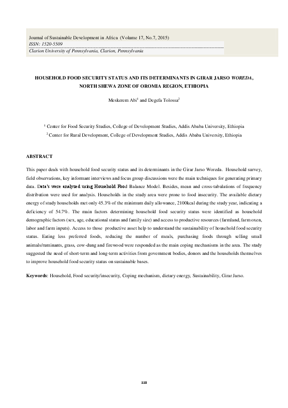 (PDF) HOUSEHOLD FOOD SECURITY STATUS AND ITS DETERMINANTS IN GIRAR ...