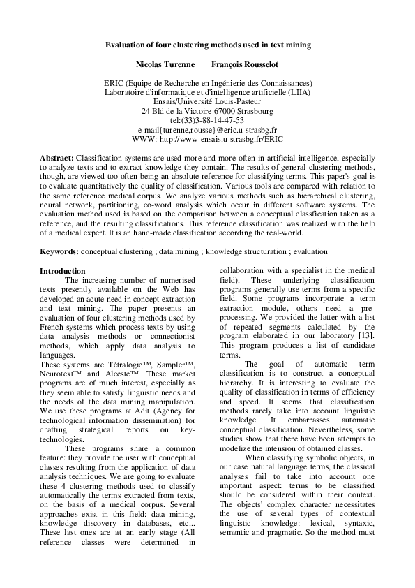 (PDF) Evaluation of four clustering methods used in text mining ...
