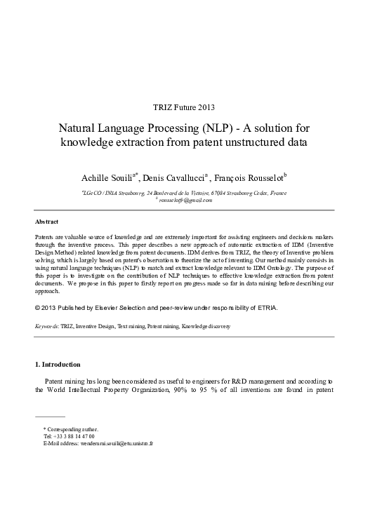 Pdf Natural Language Processing Nlp A Solution For Knowledge Extraction From Patent