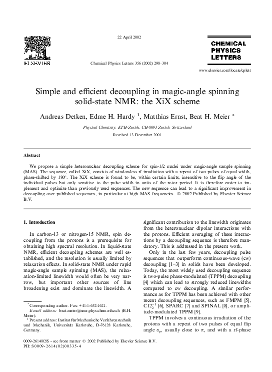 Pdf Simple And Efficient Decoupling In Magic Angle Spinning Solid State Nmr The Xix Scheme