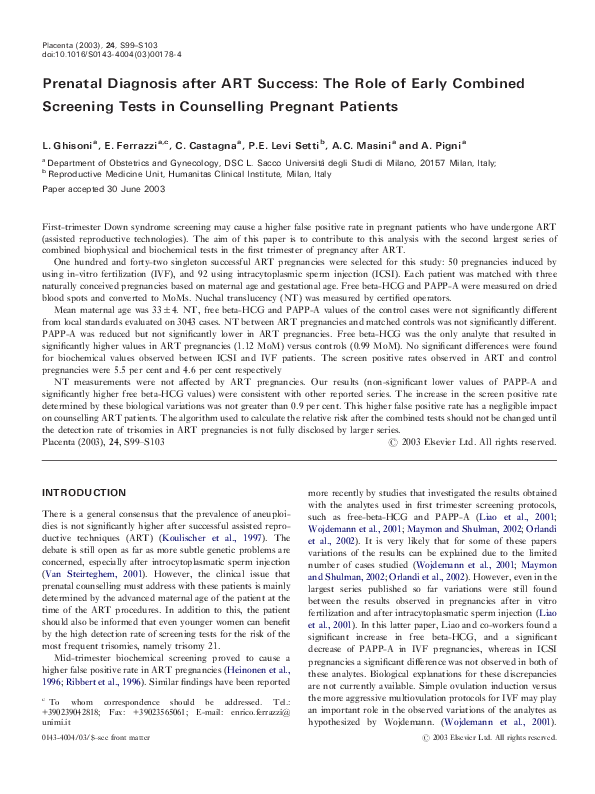 (PDF) Prenatal Diagnosis after ART Success: The Role of Early Combined ...