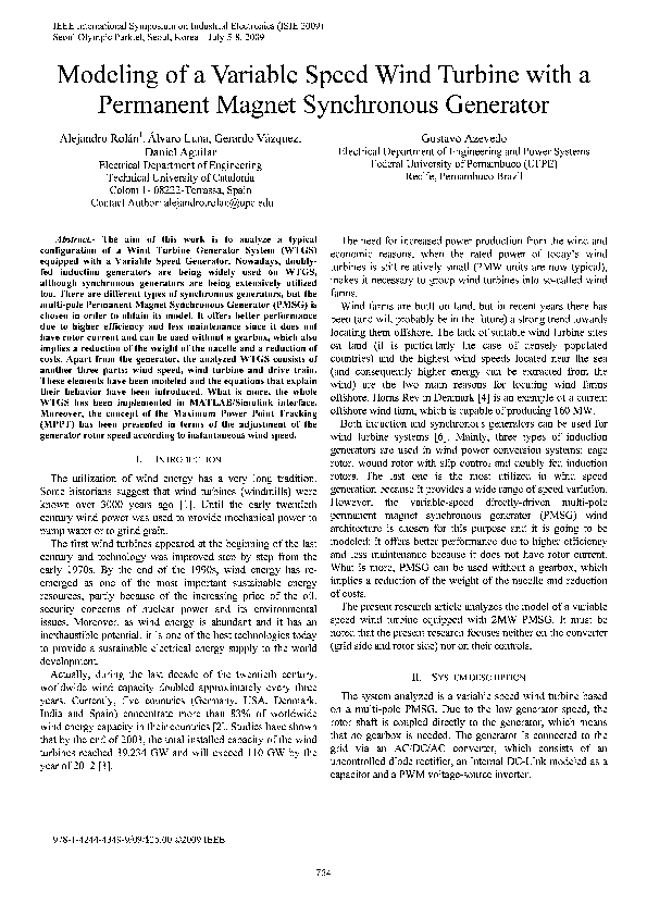 Pdf Modeling Of A Variable Speed Wind Turbine With A Permanent Magnet Synchronous Generator