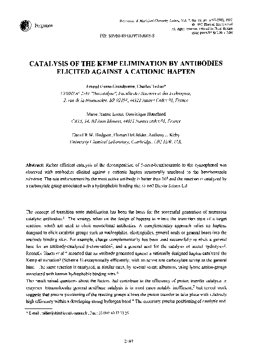 (PDF) Catalysis of the Kemp elimination by antibodies elicited against ...