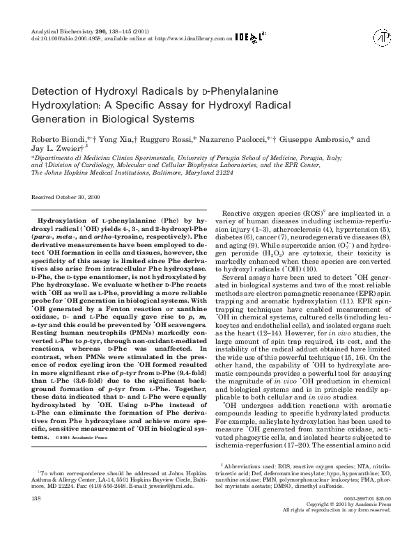(PDF) Detection of Hydroxyl Radicals by -Phenylalanine Hydroxylation: A ...